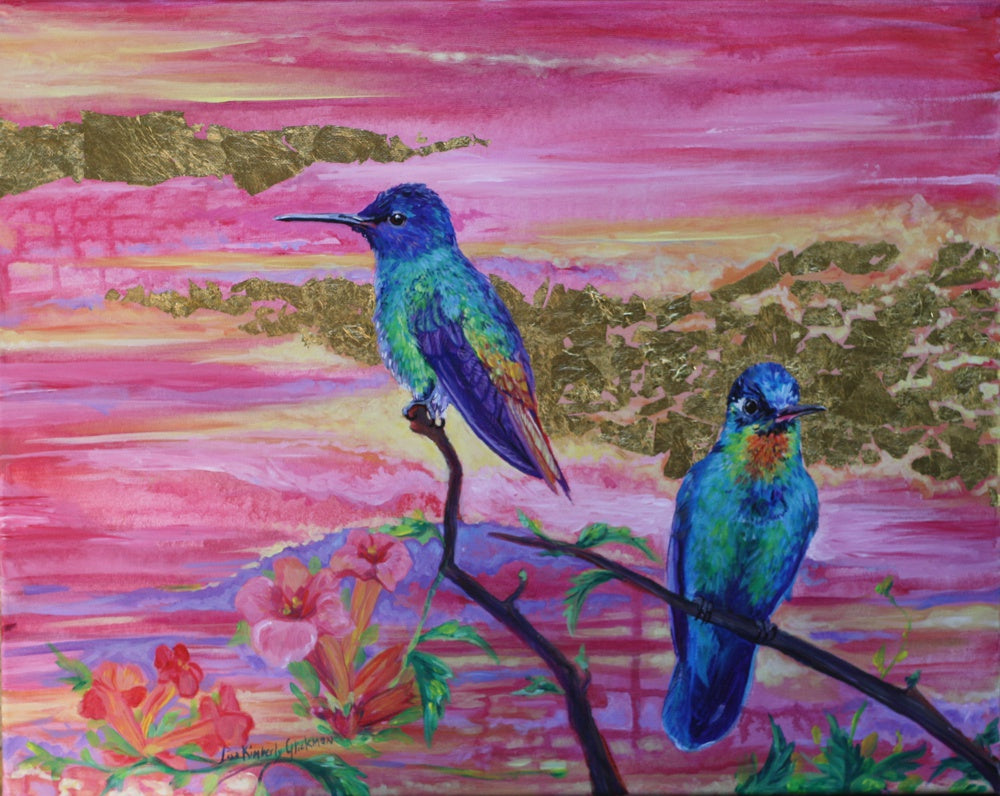Little Jewels - Hummingbirds and Trumpet flowers at Sunrise | helloart