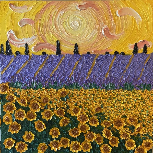 Impressionistic sunflower and lavender field | helloart