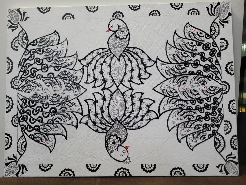 Madhubani lotus and peacock design | helloart
