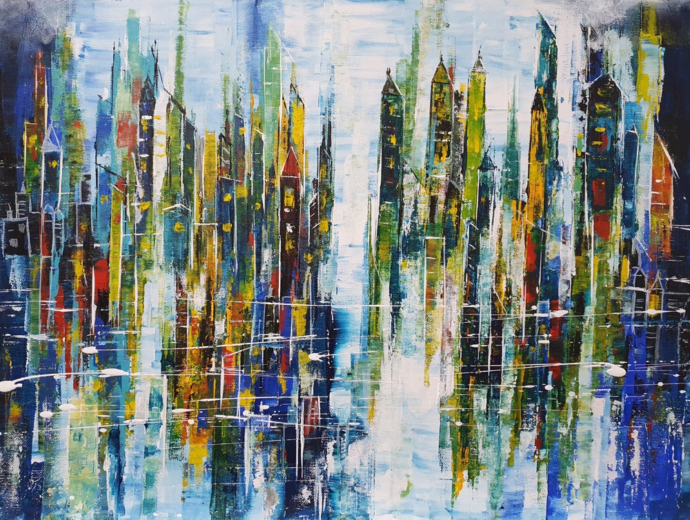 Colourful City on lake | helloart