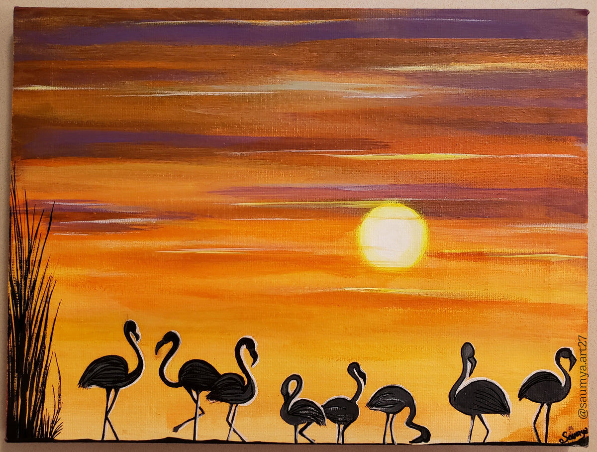 Flamingos and sunset | helloart