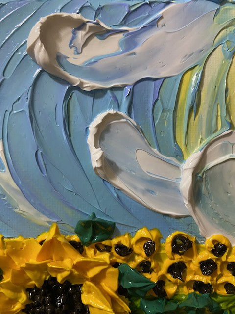 3D sunflower field impasto acrylic painting | helloart