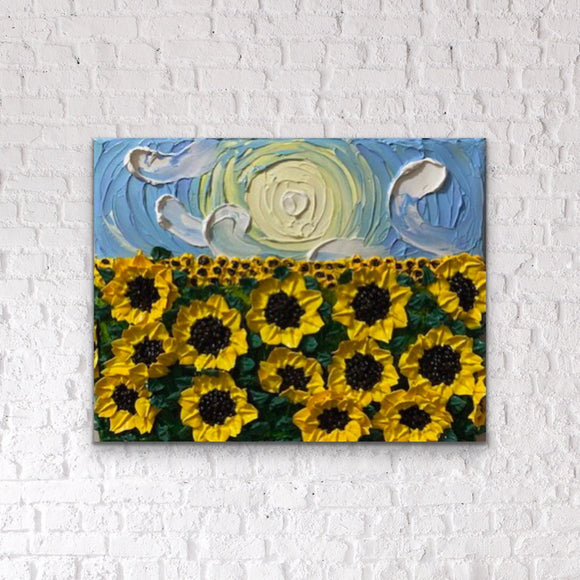 3D sunflower field impasto acrylic painting | helloart