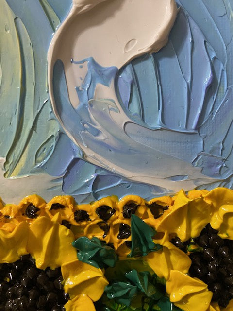 3D sunflower field impasto acrylic painting | helloart